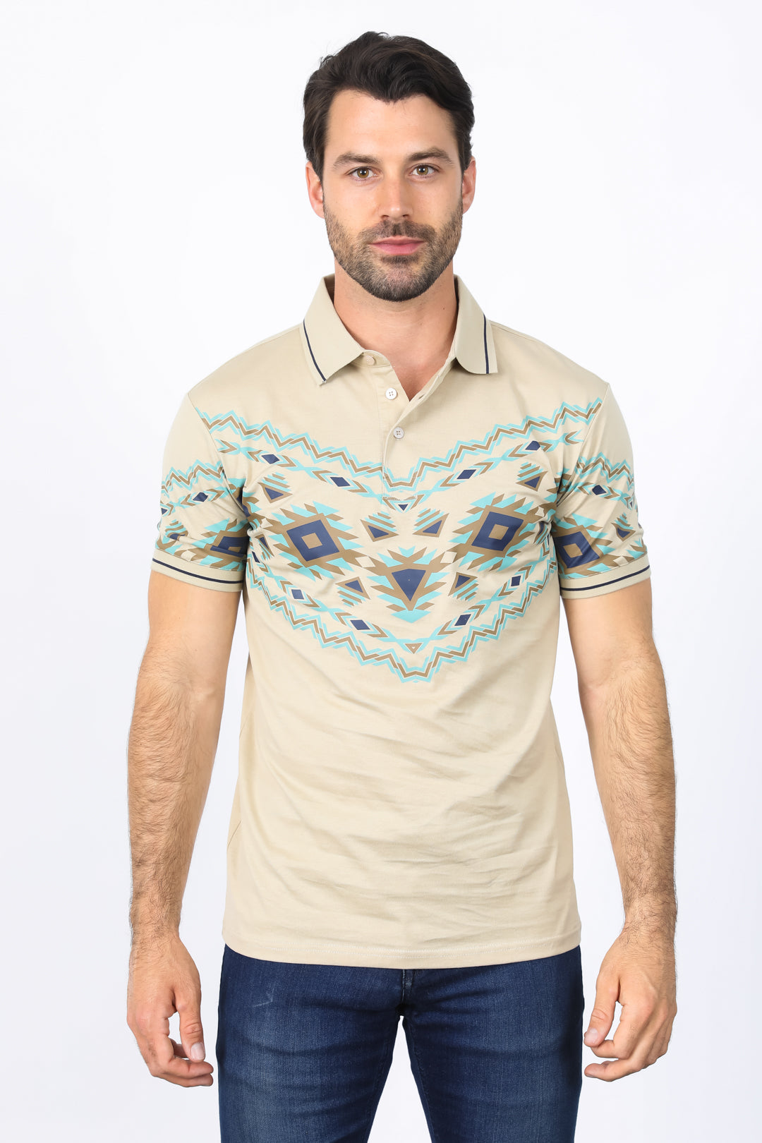 Men's Beige Aztec Panoramic Print Polo – Platini Fashion