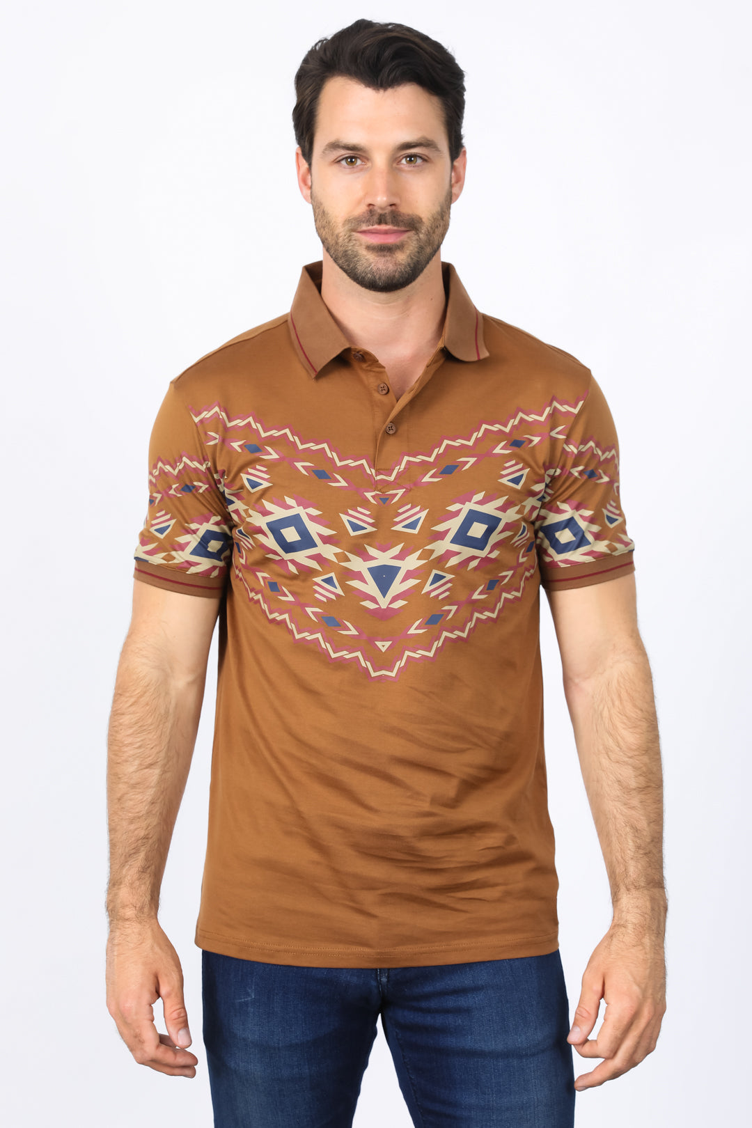 Men's Camel Aztec Panoramic Print Polo – Platini Fashion