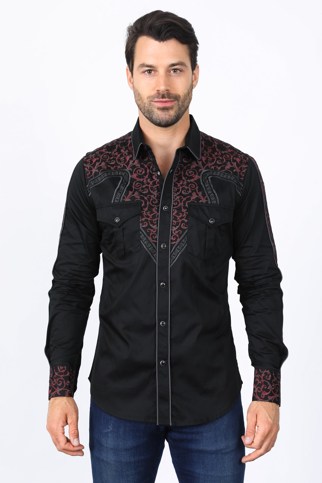 Mens Embroidery Modern Fit Stretch Black/Charcoal Long Sleeve Shirt ...