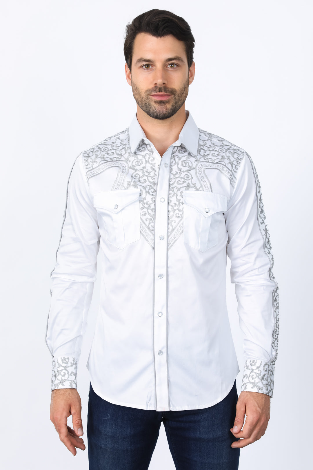 Mens Embroidery Modern Fit Stretch White Long Sleeve Shirt – Platini ...