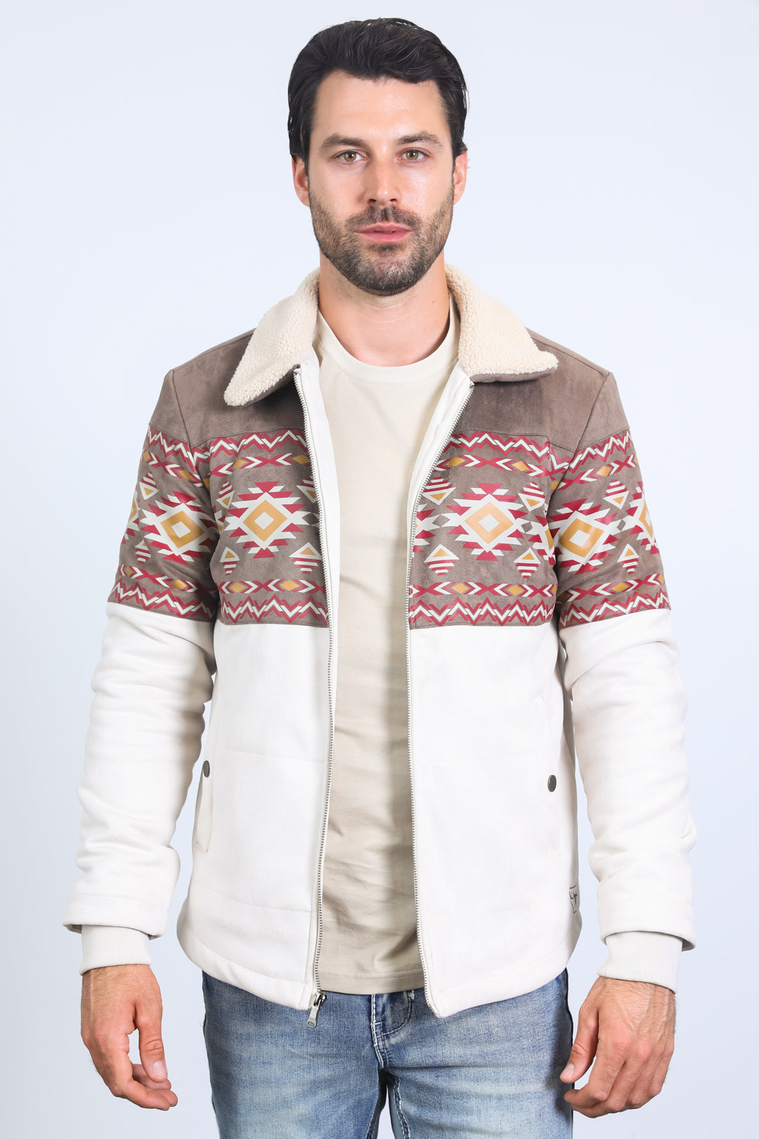 Mens Ethnic Aztec Fur Lined Quilted Suede Beige Jacket – Platini Fashion