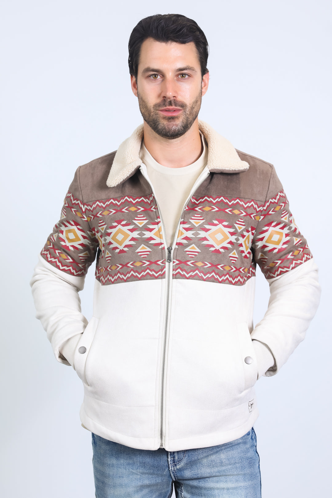 Mens Ethnic Aztec Fur Lined Quilted Suede Beige Jacket – Platini Fashion