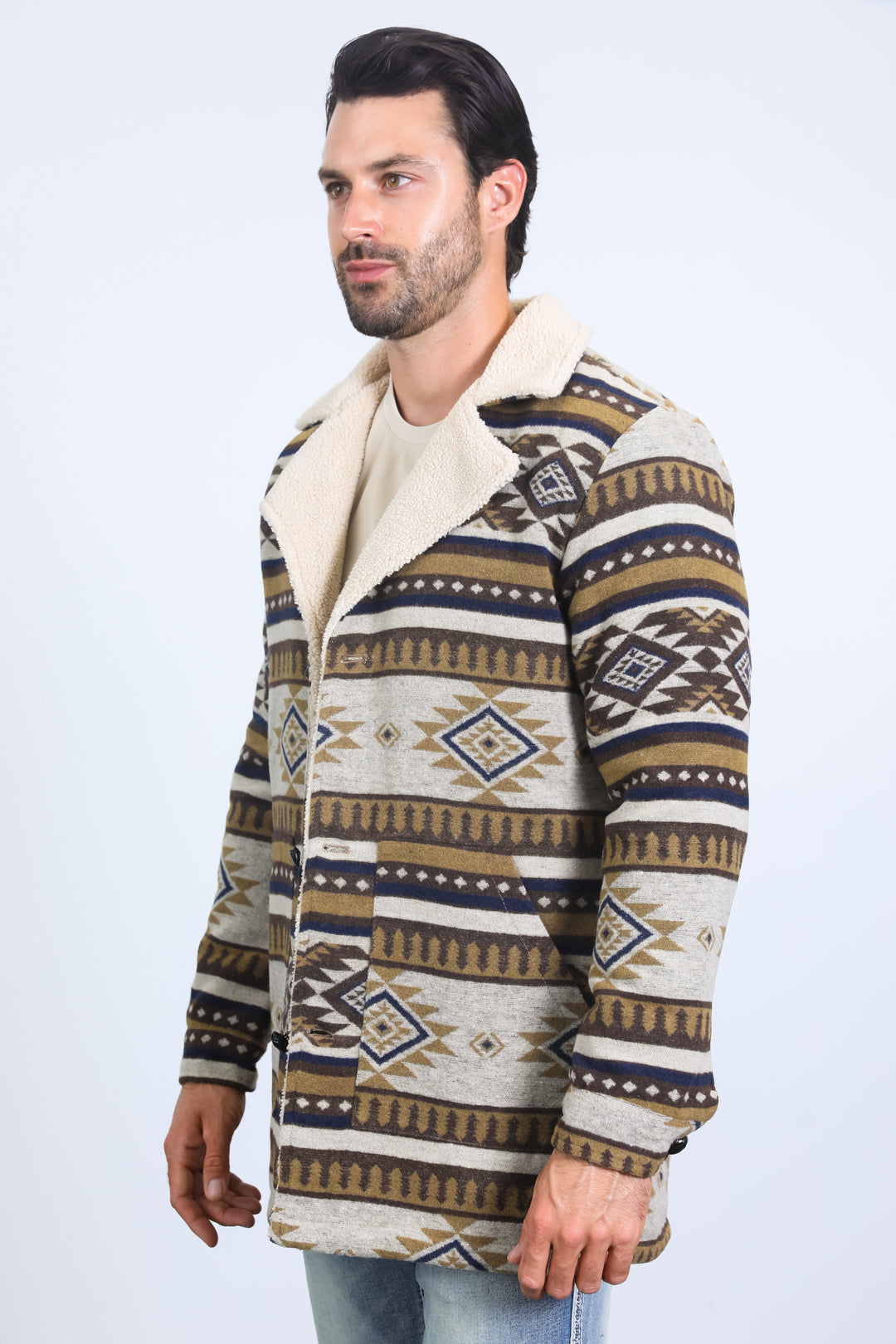 Mens Ethnic Aztec Long Twill Beige Coat – Platini Fashion