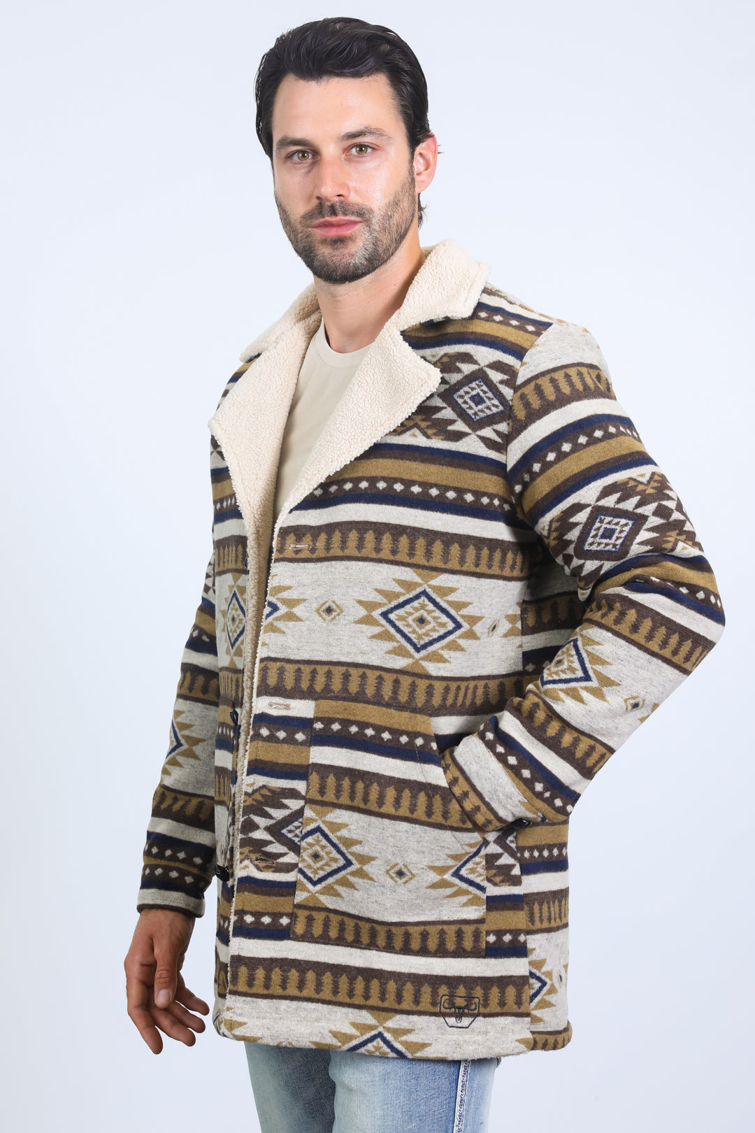 Mens Ethnic Aztec Long Twill Beige Coat – Platini Fashion