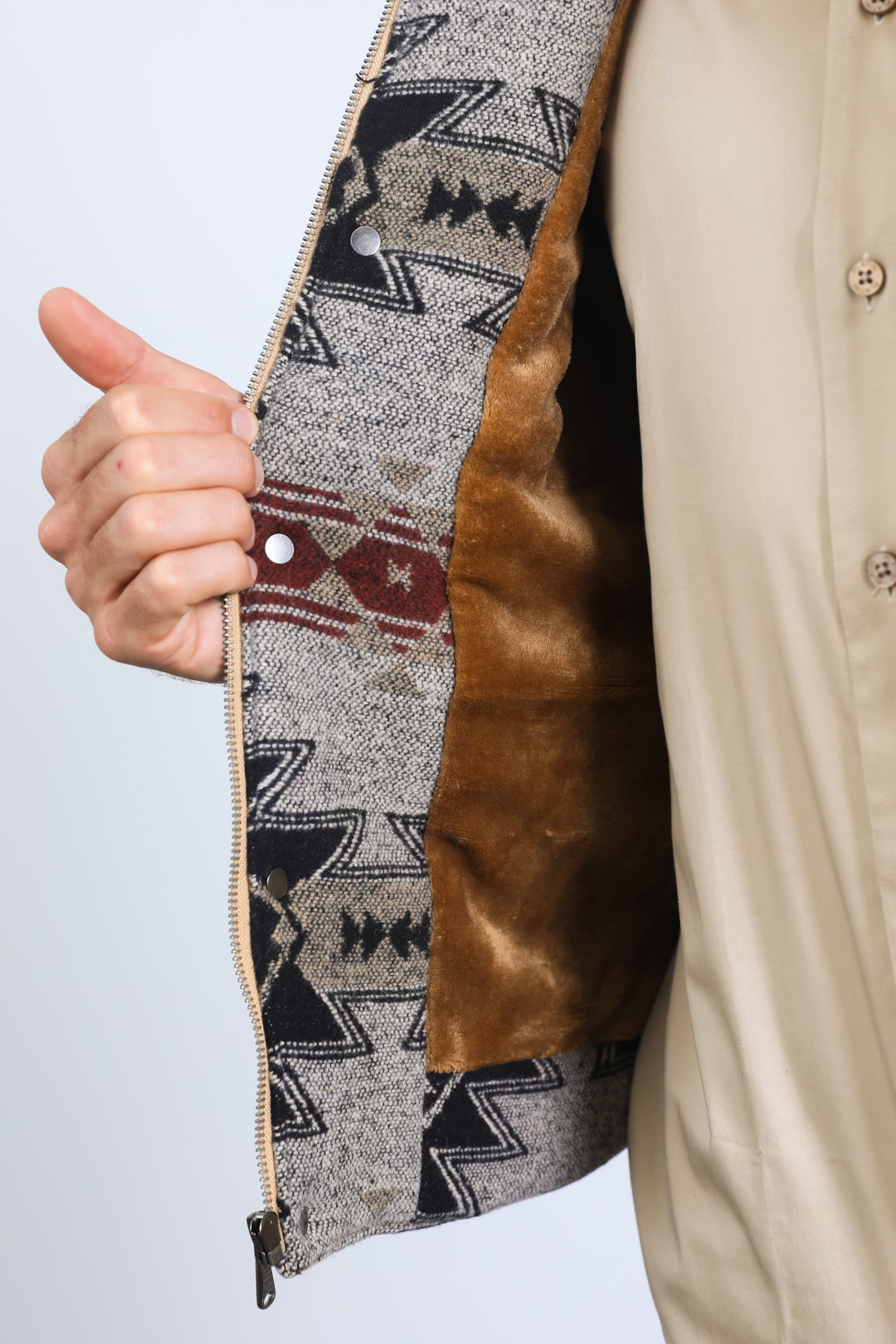 Mens Ethnic Aztec Quilted Fur Lined Black/Khaki Vest – Platini Fashion
