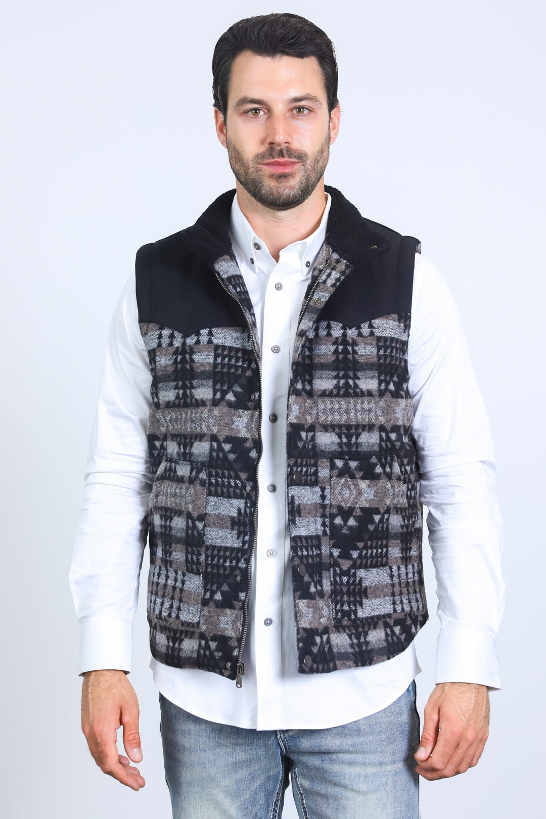Mens Ethnic Aztec Quilted Fur Lined Black Vest – Platini Fashion