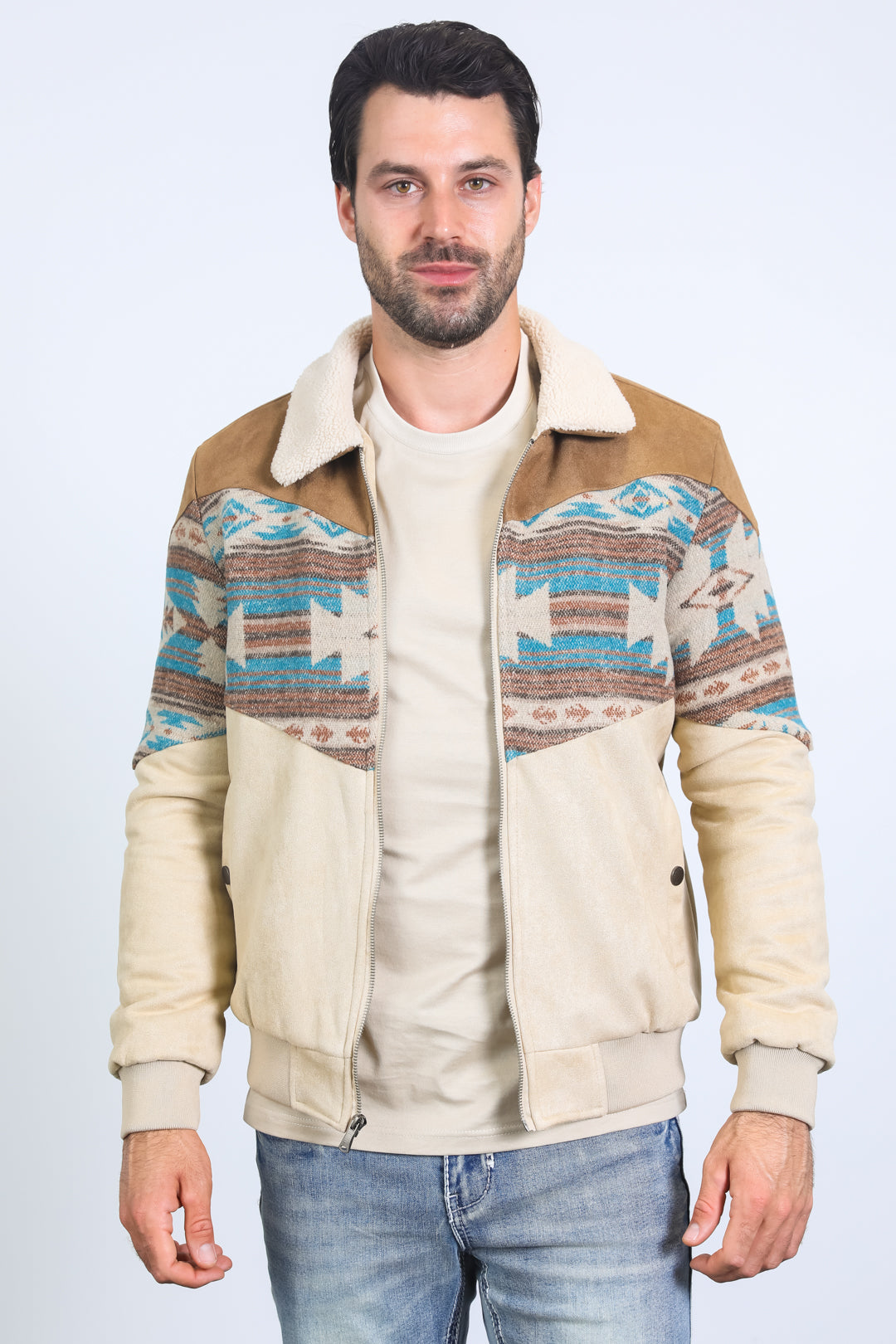 Mens Ethnic Aztec Quilted Twill Beige Jacket W/Suede Accents – Platini ...