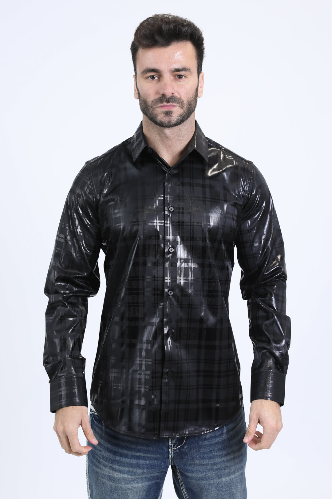 Mens Modern Fit Stretch Foil Fashion Black Shirt – Platini Fashion