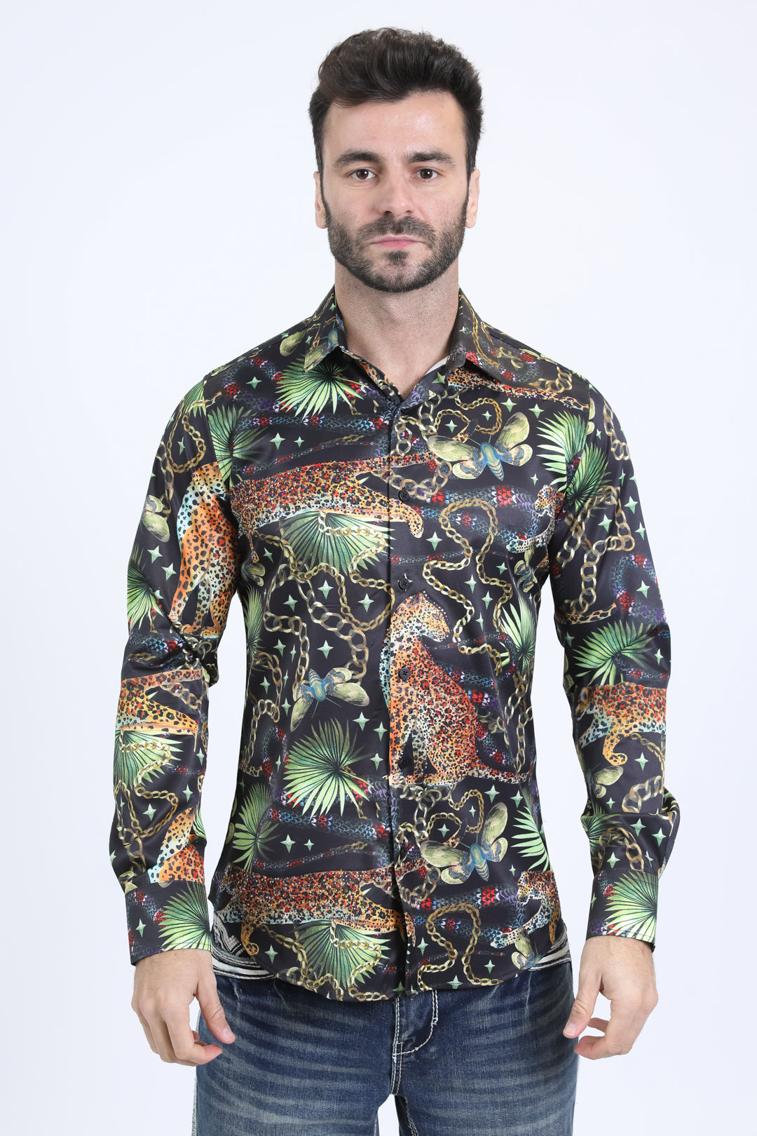 Mens Satin Digital Print Black Shirt with Rhinestones Applique – Platini Fashion