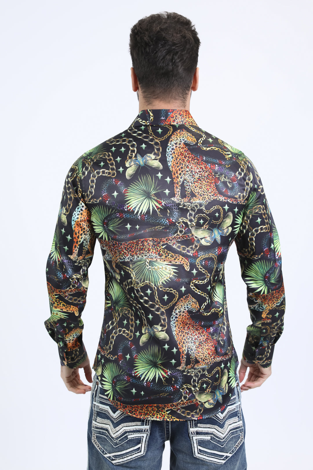 Mens Satin Digital Print Black Shirt with Rhinestones Applique – Platini Fashion