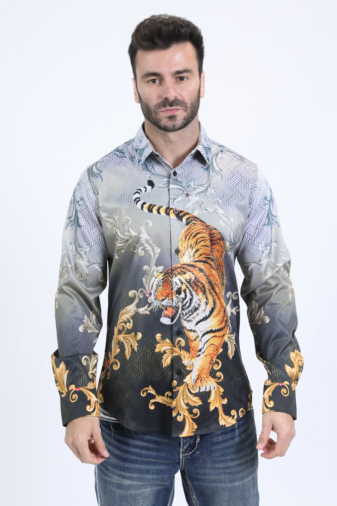 Mens Satin Digital Print Black Shirt with Rhinestones Applique – Platini Fashion