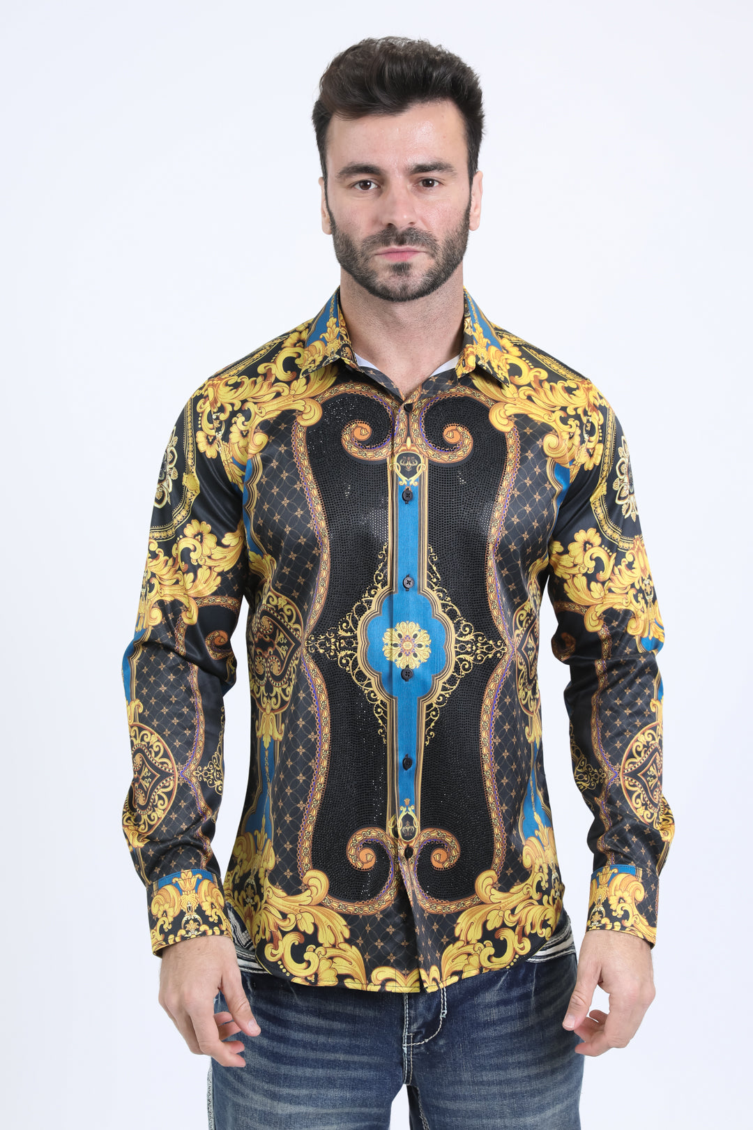 Mens Satin Digital Print Black Shirt with Rhinestones Applique – Platini Fashion