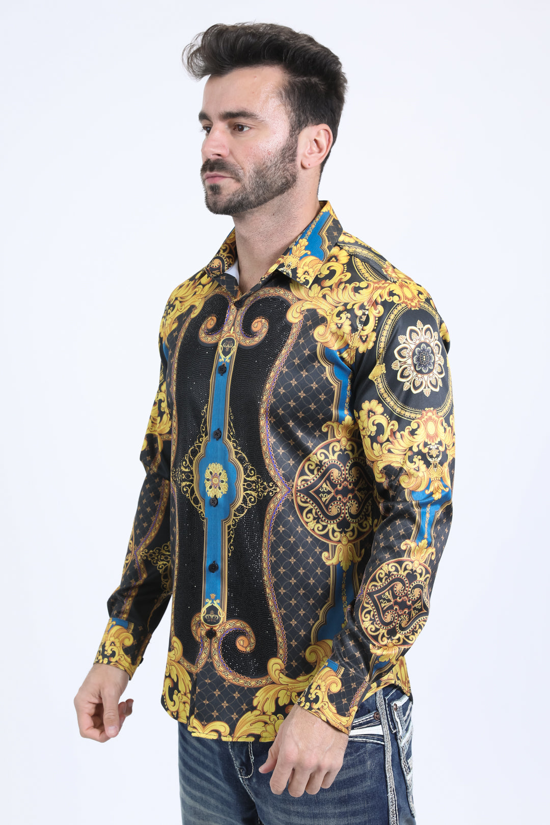 Mens Satin Digital Print Black Shirt with Rhinestones Applique – Platini Fashion