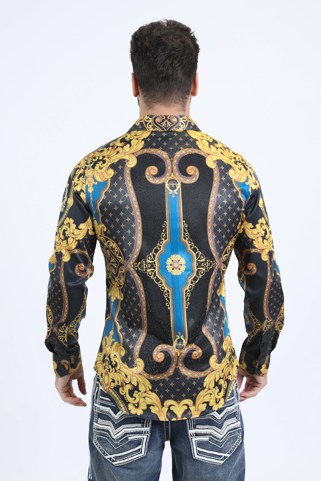 Mens Satin Digital Print Black Shirt with Rhinestones Applique – Platini Fashion