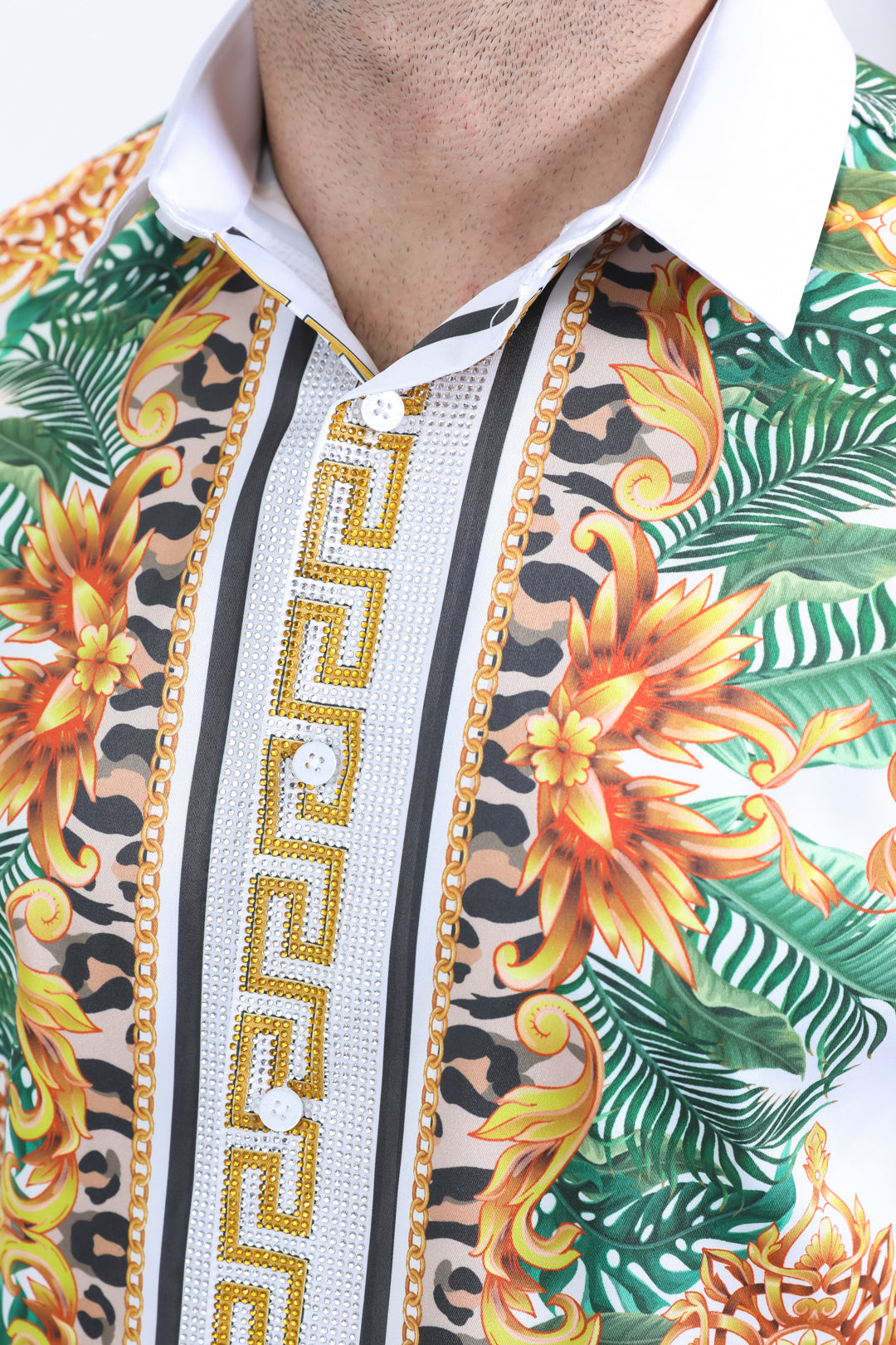 Mens Satin Digital Print White Shirt with Rhinestones Applique – Platini Fashion
