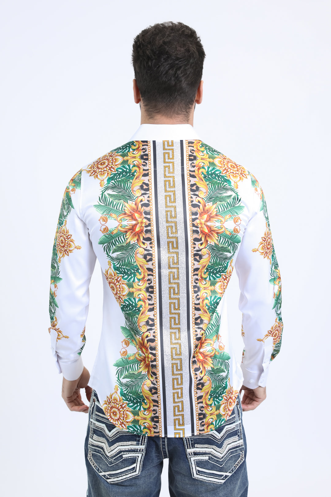 Mens Satin Digital Print White Shirt with Rhinestones Applique – Platini Fashion