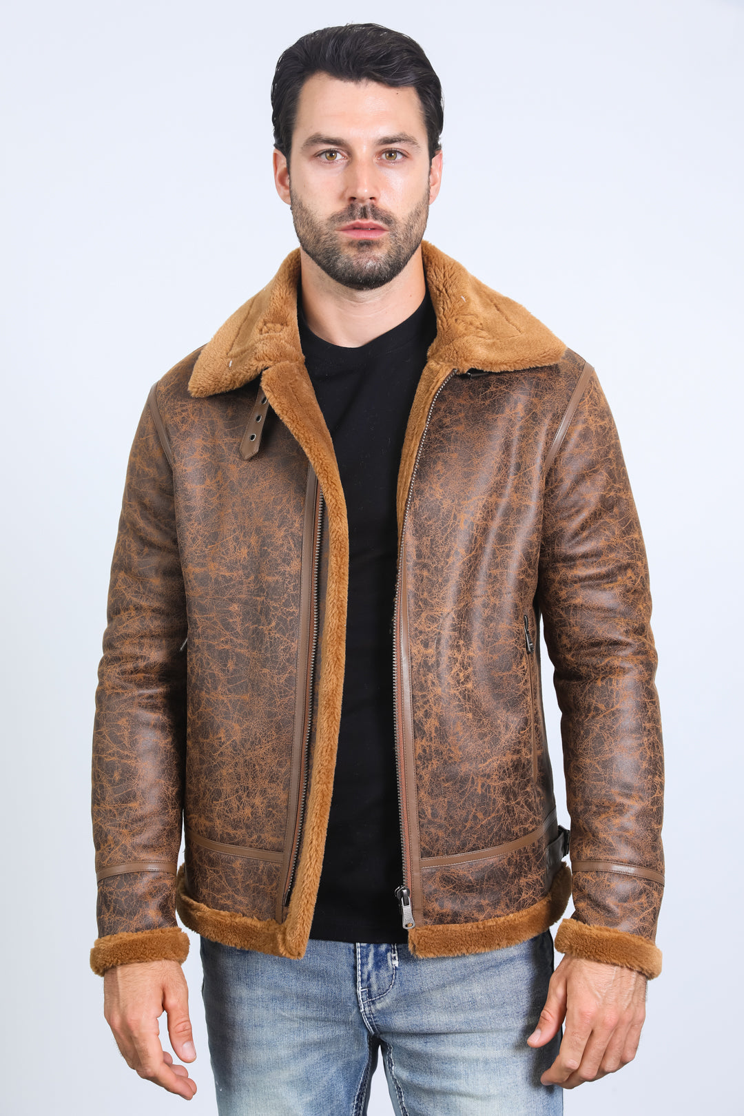 Men's Washed Suede Brown Jacket w/ Faux Shearling-lined – Platini Fashion