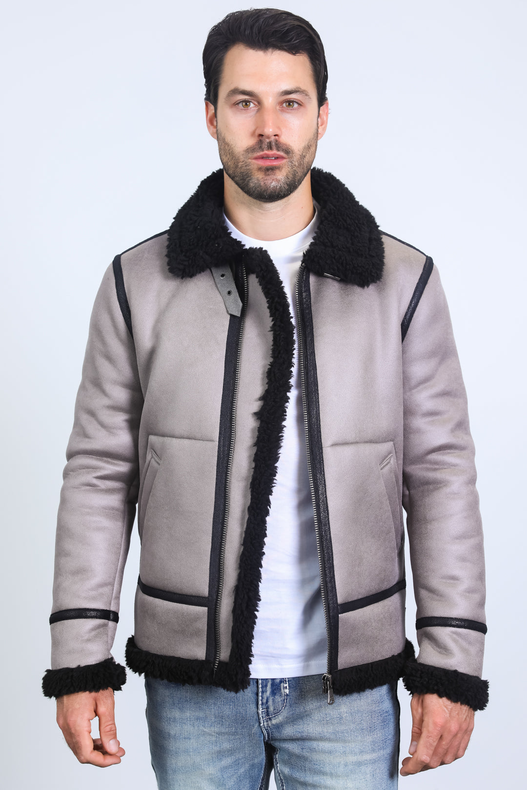 Men's Washed Suede Grey Jacket w/ Faux Shearling-lined – Platini Fashion