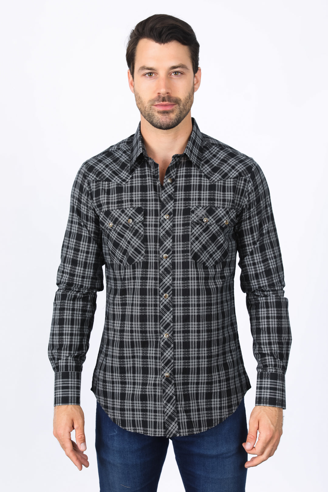 Mens Western Checkered Black Long Sleeve Shirts – Platini Fashion