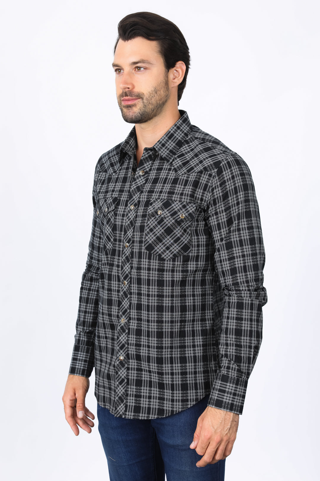 Mens Western Checkered Black Long Sleeve Shirts – Platini Fashion